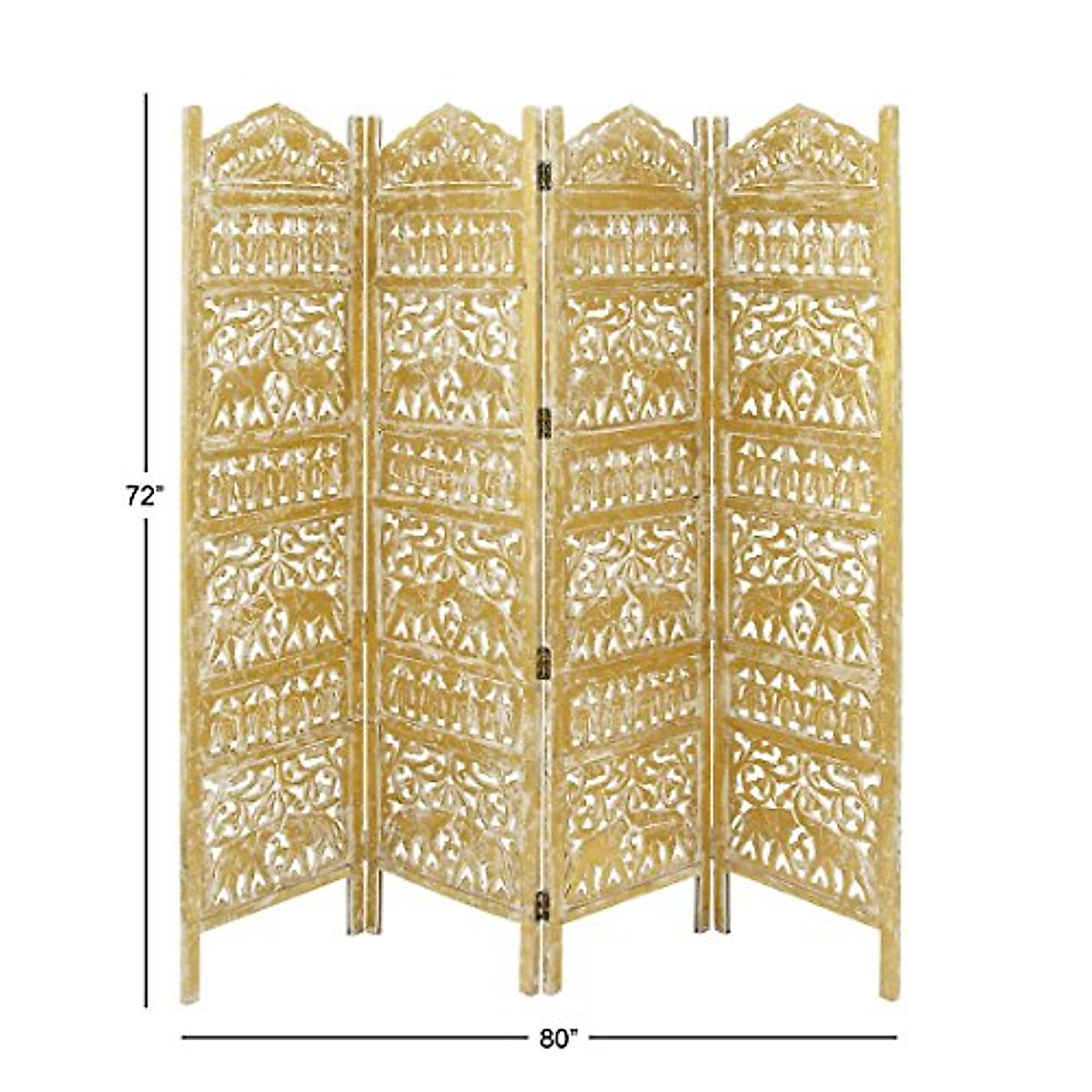Deco 79 Wooden Scroll Handmade Partition Room Divider Screen Hinged Foldable Partition 4 Panel Privacy Screen with Carved Elephant Accents, Room Partition 80" x 1" x 72", Gold
