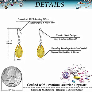 Teardrop Austrian Crystal Drop Dangle Earrings for Women 925 Sterling Silver Hook Hypoallergenic Earring (Yellow)