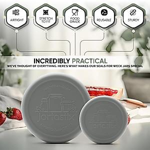 Jartastix 100mm Silicone Lids for WECK Jars - Set of 2 - Weck Jar Silicone Lids for Storage - Fits WECK 738, 739, 740, 741, 742, 743, 744, 745, 776, 748, 974 (Grey, 100mm)