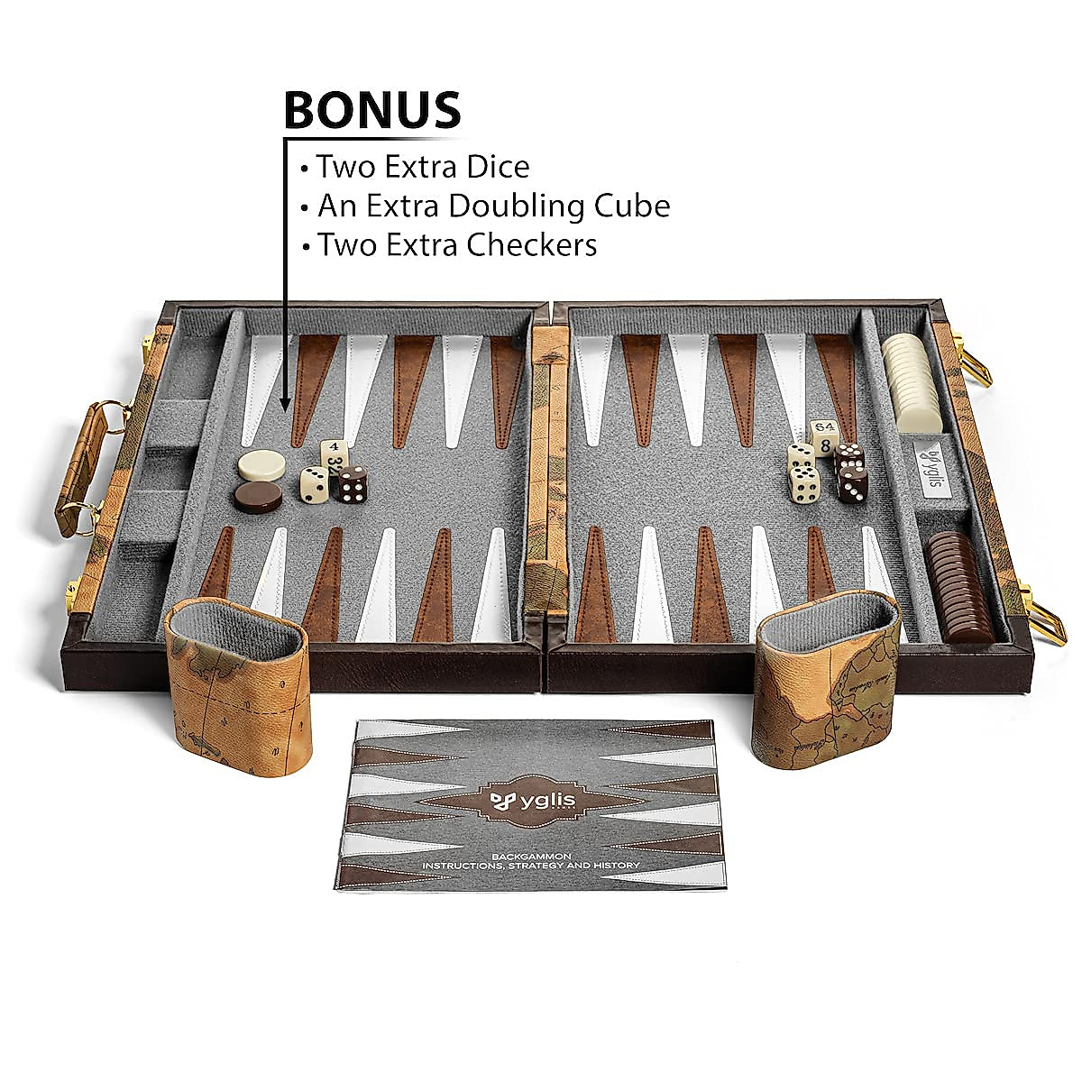 Yglis 18" Large Backgammon Sets for Adults - Premium Faux Leather Case, Quality Felt Interior, Covered Hinges, Strategy & Instruction Guide