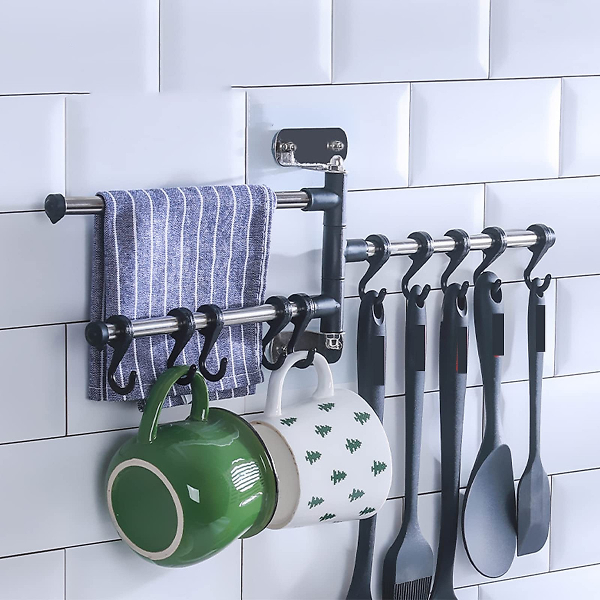 Multifunctional Organizer Wall Mounted Swivel Kitchen Utensil Holder 3 Tiers Towel Rack Hanging Storage Rack No Drilling Towel Holders for Bathroom Kitchen Cabinet Inside Wall Mounted