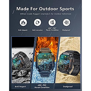 PODOEIL Military Smart Watch for Men with 2 Strap Text and Call Fitness Tracking/Heart Rate/Sleep Monitoring/Waterproof Outdoor Sports Rugged Tactical Watches for Android and iPhone Black