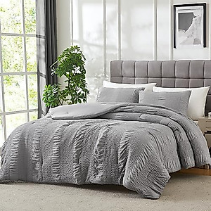 Seersucker Grey King Size Comforter Set, 3 Pieces- Soft Washed Microfiber Gray Comforter with 2 Pillowcases Shams, Fluffy Down Alternative Bedding Comforter Sets for All Season (104x90 inches)