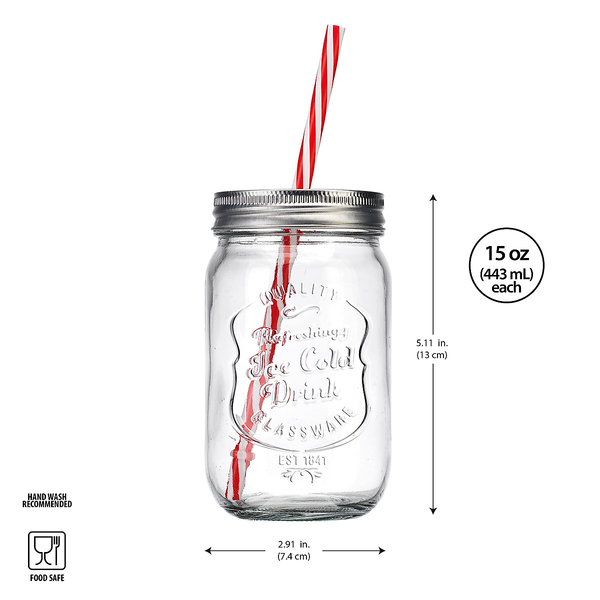 Glaver's Mason Drinking Jars – Set of 6 Ice Cold Drinking Glass Jar with Lid – 15 Oz Clear Glass Mugs. For Home, Dinner, Drinks, Juice, Cocktails, Lemonade.