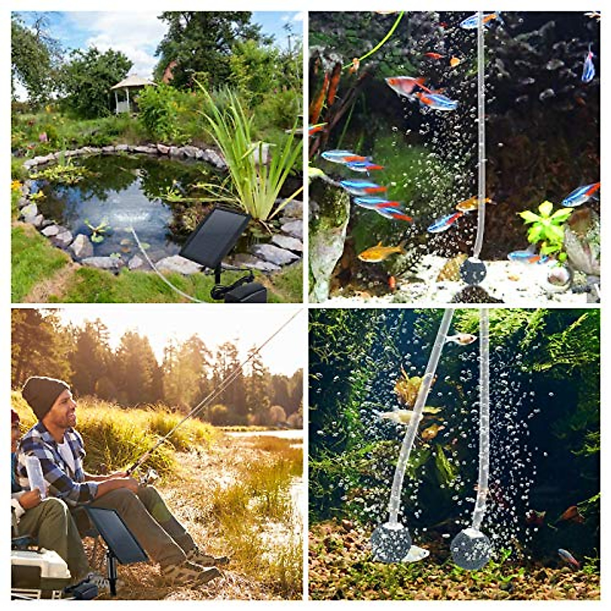 Solar Air Pump，2.5W Solar Oxygen Air Fountain Pump with Air Bubble Stones , 3 Modes Solar Powered Air Pump Kit for Garden Fish Tank Pool Fishing Pond