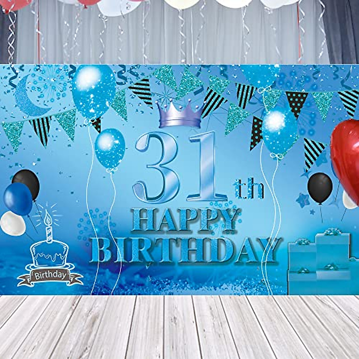 Happy 31th Birthday Backdrop Banner Blue 31th Sign Poster 31 Birthday Party Supplies for Anniversary Photo Booth Photography Background Birthday Party Decorations, 72.8 x 43.3 Inch