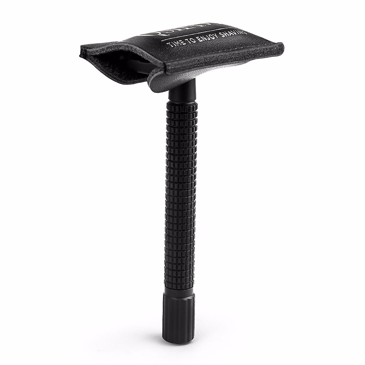 QSHAVE Double Edge 4 inch Long Handle Safety Razor for Men or Women Twist Butterfly Open Matte Black Steel Coating (1 Razor + 5 pcs Titanium Coated Blades + Leather Travel Case)