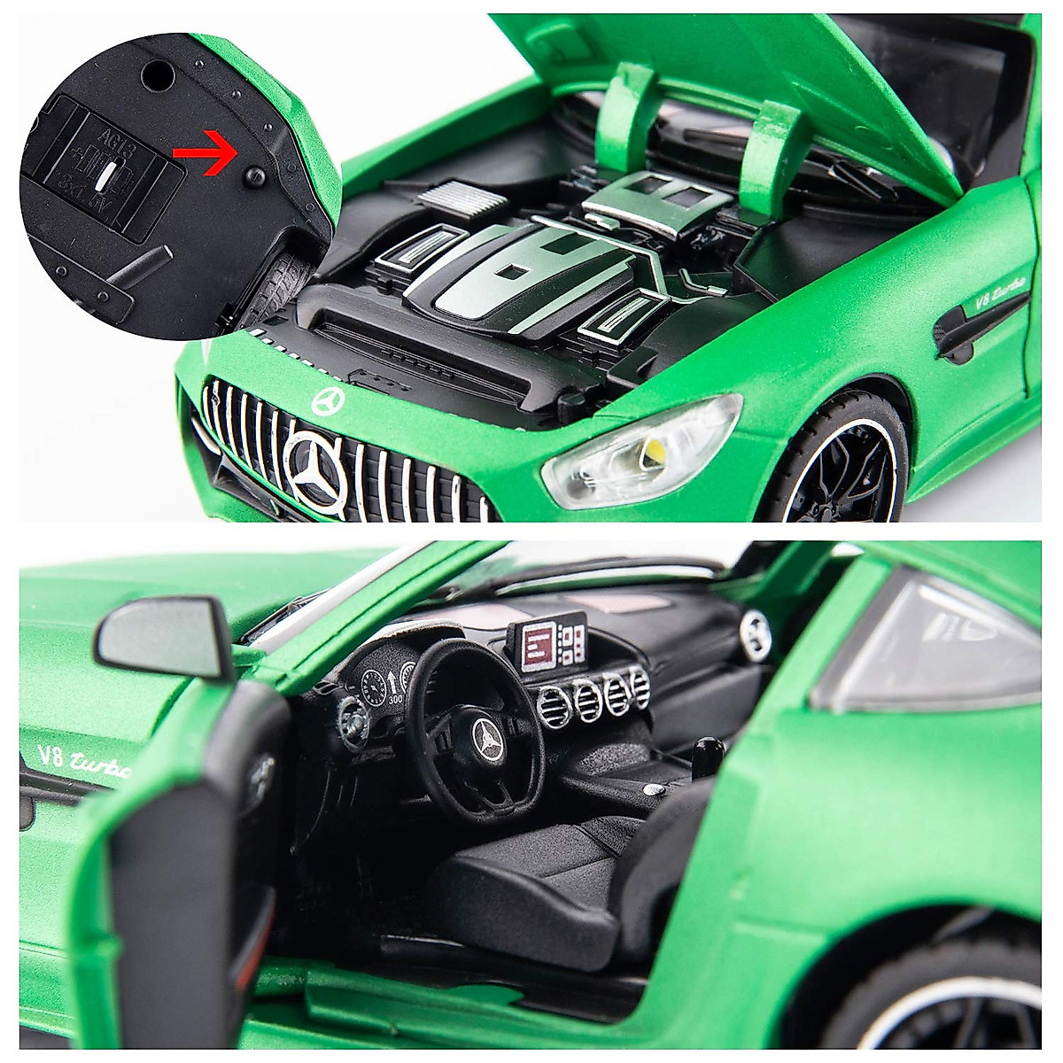 BDTCTK 1/24 Benz AMG GTR Toy Cars Model Car, Zinc Alloy Pull Back Toy car with Sound and Light for Kids Boy Girl Gift(Green)