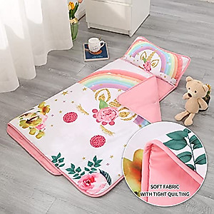 Wowelife Toddler Sleeping Bag Unicorn Toddler Nap Mat with Removable Pillow for Boys Girls Daycare Preschool Kindergarten,Carry Handle with Straps Closure, 50 * 20 Inch(Pink)