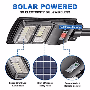 Wattake Solar Powered Street Light - 6000K LED Solar Street Lights 4000LM Dusk to Dawn - Outdoor Solar Flood Light with Radar Sensor, IP65 Waterproof, Wall or Pole Mount, 200W