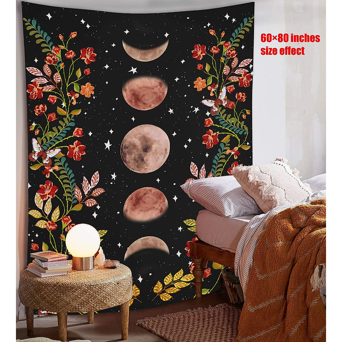 Lifeel Moonlit Garden Tapestry, Moon Phase Surrounded by Vines and Flowers Black Wall Decor Tapestry 36×48 inches