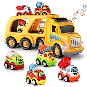 Construction Truck Toys for 1 2 3 4 5 6 Year Old Boys, 5-in-1 Friction Power Toy Vehicle in Carrier Truck Toys for Kids 3-5 Years, Car Toys Set for Age 3-9, Christmas Birthday Gifts