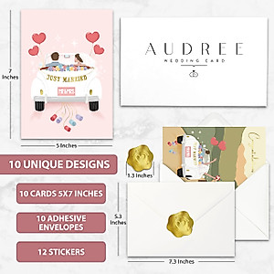AUDREE 10 Modern Gold Foil Wedding Cards for Bride And Groom with Envelopes (5”x7”), Assorted Greeting Cards For Bridal Shower, Engagement, Newlywed, Wedding Congratulations, Wedding Cards Bulk