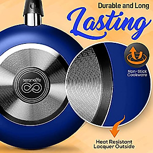 SereneLife Kitchenware Pots & Pans Basic Kitchen Cookware, Black Non-Stick Coating Inside, Heat Resistant Lacquer (6-Piece Set), One Size, Blue