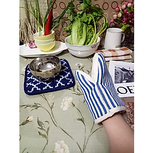 Cotton Oven Mitts and Pot Holder Sets Stripe and Geometric Trellis Pattern 4 Pack Heat Resistant 482°F Cotton Infill Breathable Fabric for Kitchen Cooking Baking