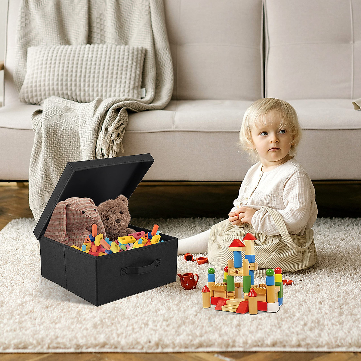 Augfox Set of 3 Storage Bins with LIds - Collapsible Storage Bins, Sturdy Clothing Storage Bins, Multipurpose Lidded Storage Bins for Clothes, Books, Toys, or DVD (Black, 14.2" L x 12.6" W x 6.3" H)