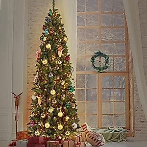 Yaheetech 7.5ft Pre-lit Kingswood Fir Pencil Artificial Hinged Christmas Tree Skinny Corner Xmas Tree with 350 Incandescent Warm White Lights Prelighted Xmas Tree with Foldable Stand, Green