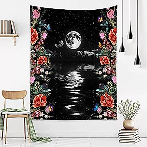 LB Full Moon Over Ocean Tapestry Wall Hanging, Moonlit Garden Tapestry, Night Sky Flower Plant on Black Background Wall Decor for Teen Bedroom Living Room Dorm Home Decor, 40 x 60 Inches