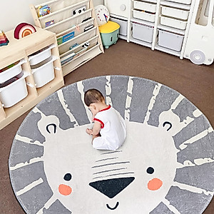 ABREEZE Kids Play Rug 4ft,Lion Round Area Rug Kids Nursery Door Mat Soft Plush Non-Slip Childrens Carpet for Bedroom Living Room Kids Playroom,Grey