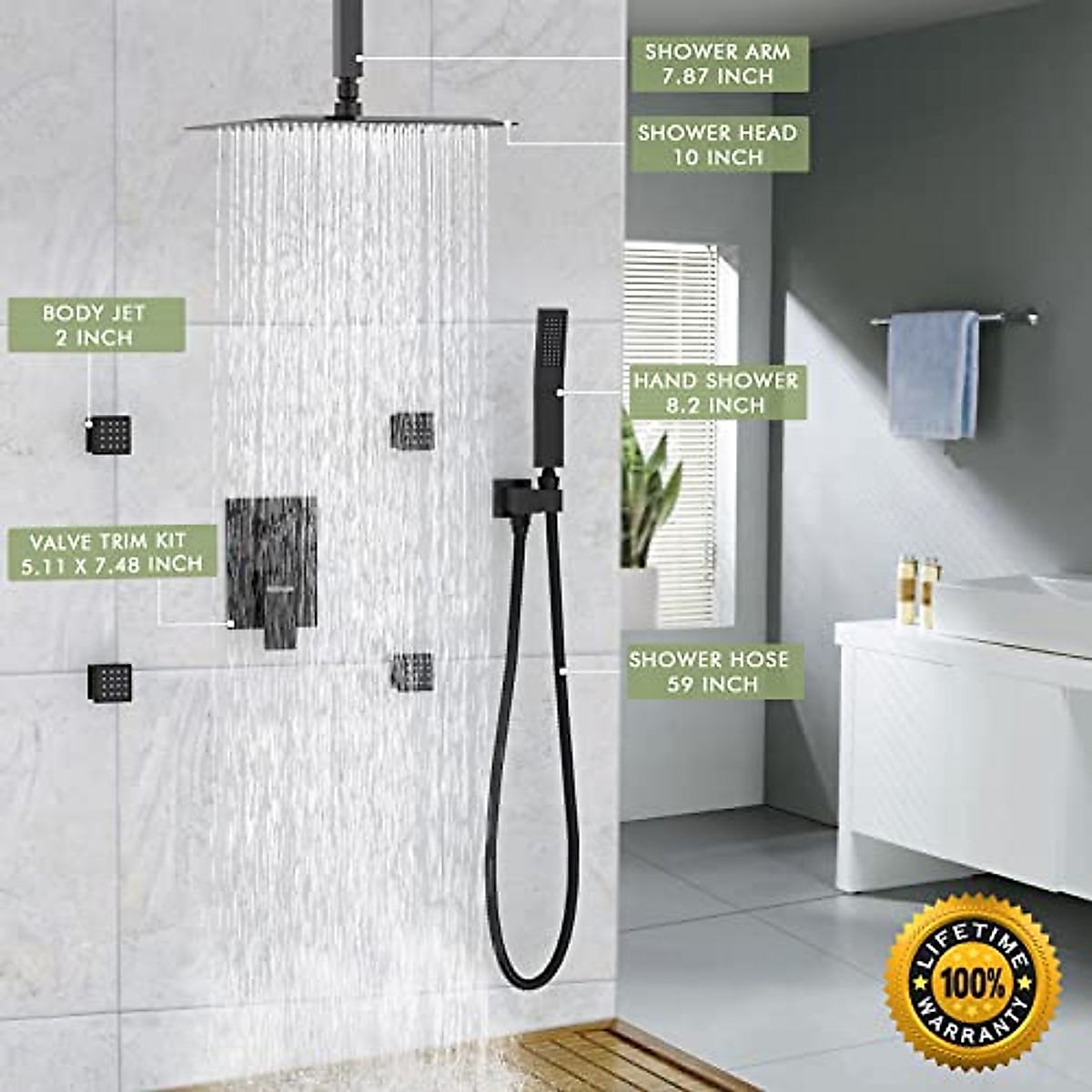 Bostingner Black Shower System with Body Spray Jets 10 Inch Rainfall Shower Ceiling Mounted Full Body Shower System Contain Rough-in Shower Valve, Matte Black