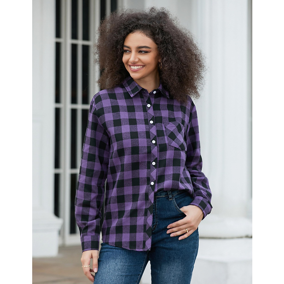 SANGTREE Womens Flannel Shirt, Casual Plaid Tops Long Sleeve Button Down Shirt for Women Buffalo Purple, Medium