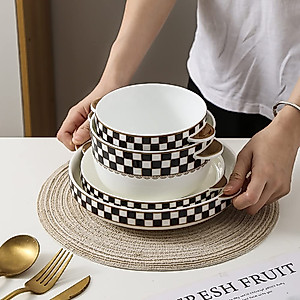 Porlien Checkered 8-Piece Plates and Bowls Set with Handles, Set of 2, Dessert/Cereal Bowls & Salad/Soup/Dessert Plates