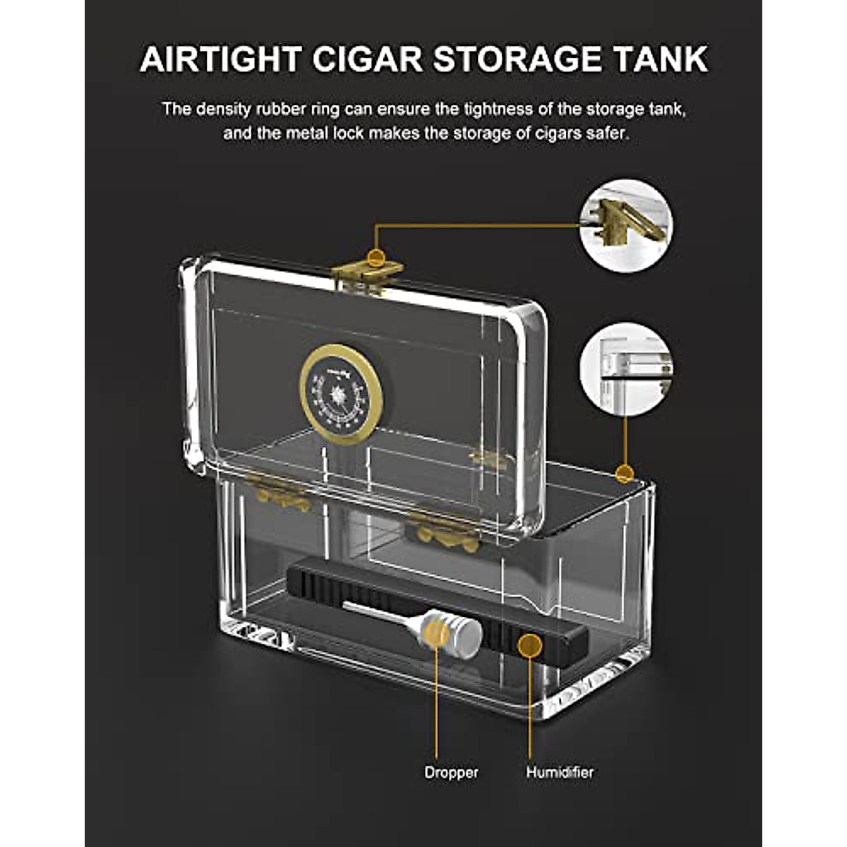 TISFA Acrylic Cigar Humidor with Humidifier and Hygrometer, Desktop Cigar Case Box That can Hold About 15-20 Cigars (S)