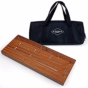 STERLING Games Triple Track Wooden Cribbage 13 Inch Board Game Set with Carrying Bag and Metal Pegs for 3 Players