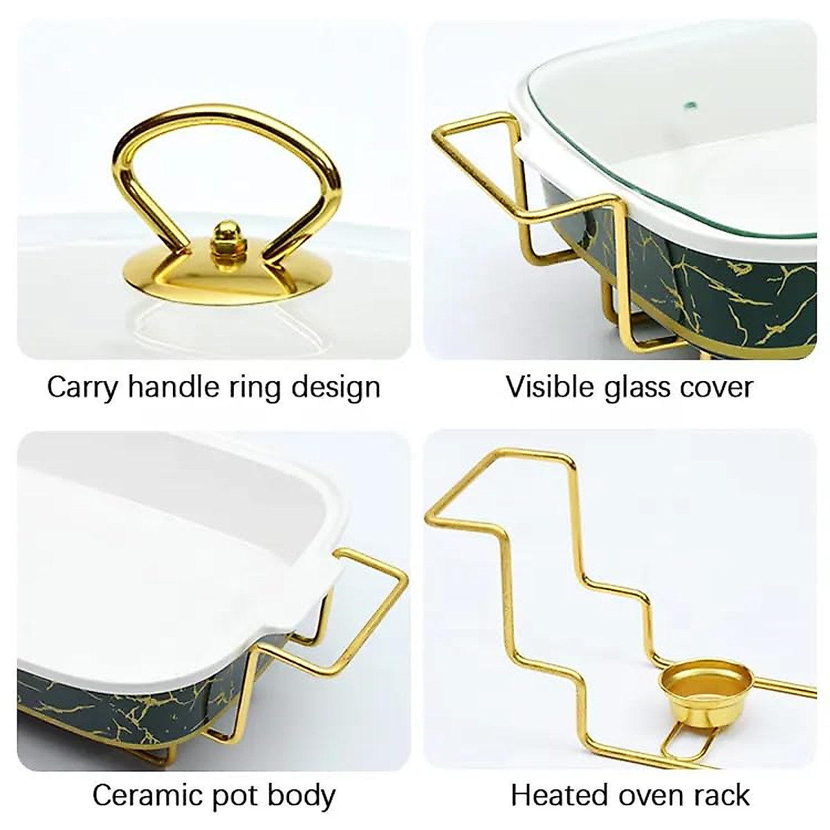 HONHPD 3PCS Rectangular Porcelain Casserole Warming Trays for Food, Ceramics Chafers, and Buffet Warmers Sets, Ceramics Chafing Dish Buffet Set, Green Marble Finish (11inch.13inch.15inch）