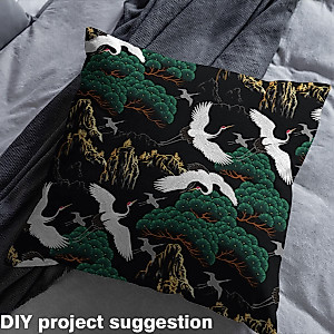 Crane Fabric by The Yard Green Golden Sketch Mountain Trees Fabric for Craft Art Lovers Japanese Style Wild Bird Botanical Plants Fabric for DIY Upholstery and Home Accents 1 Yard