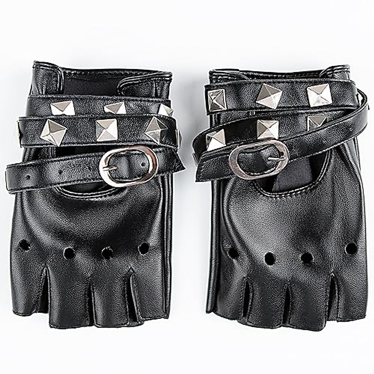 Fingerless Leather Gloves, Half Finger Biker Punk Gloves (One size fits all) with Belt Up and Rivet Design for Halloween Costume Party
