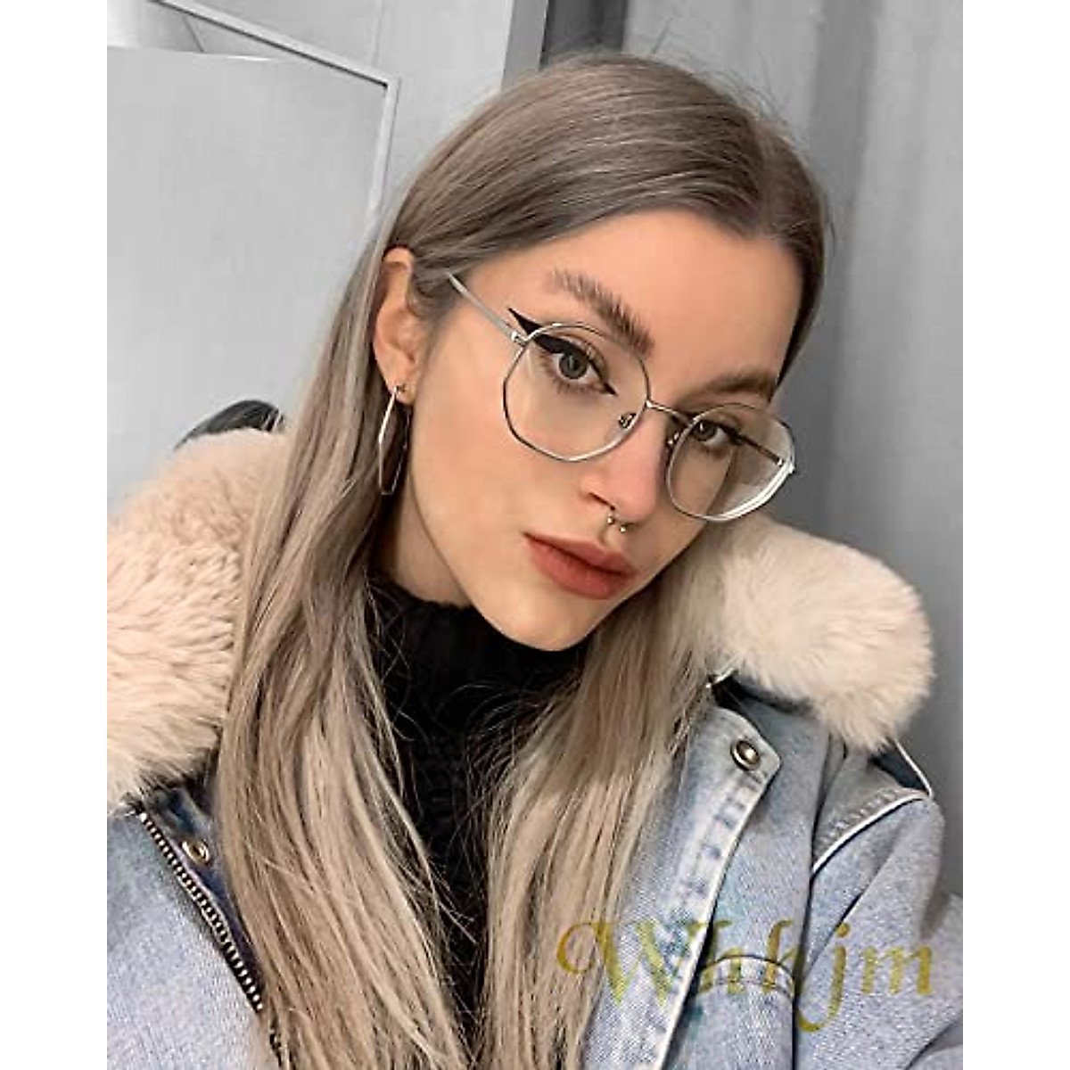 WHHJM Polygon Blue Light Blocking Glasses for Women Men Retro Octagon Square Non-prescription Metal Frame Eyeglasses (Silver Frame)