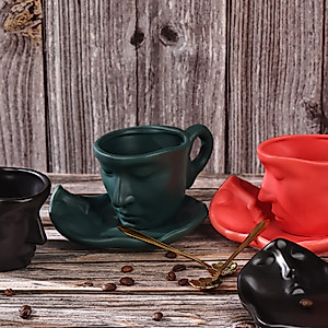 Green tea cup and saucer set Ceramic kissing couple coffee mug set with spoon face coffee cup Unique teacup and saucer Valentine's Day Christmas creative gift