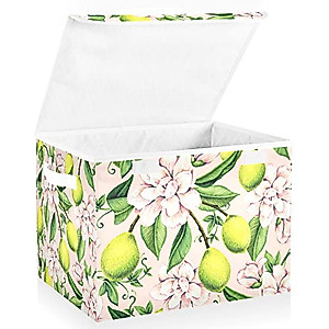RunningBear Flower Green Leaf Lemon Large Storage Bins with Lid Collapsible Storage Bin Storage Organizer Bin Decorative Storage Baskets for Shelves Closet Bookshelf