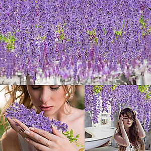 Attmu 8 Pack Artificial Flowers Wisteria Hanging Flowers 3.6 Feet/Piece Vine Ratta String for Home Office Wedding Wall Garden Outdoor Party Decoration (Purple)