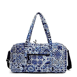 Vera Bradley Women's Cotton Large Travel Duffel Bag, Island Tile Blue - Recycled Cotton, One Size