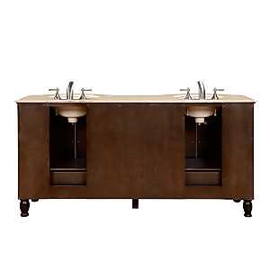 Silkroad Exclusive HYP-0717-CM-UWC-72 Cream Marfil Marble Stone Top Double Sink Bathroom Vanity with Cabinet, 72", Brown