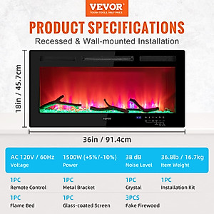 VEVOR Electric Fireplace, 36-inch Recessed and Wall Mounted, Fit for 2 x 4 and 2 x 6 Stud, Adjustable Flame Colors and Speed with Remote Control & Timer, 1500 W, Black