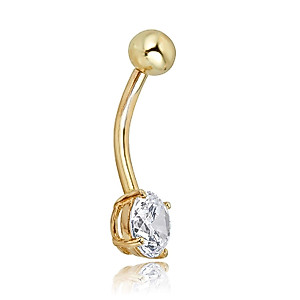 AVORA 10K Yellow Gold Simulated Diamond CZ Solitaire Belly Button Ring Body Jewelry (14 Gauge)