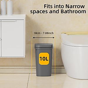 KSSKSS 3 Pack Bathroom Small Trash Can with Lid, 2.6 Gallon Slim Garbage Bin with Pop-Up Lid, 10L Plastic Wastebasket with Press Top Lid for Bedroom, Office, Kitchen, Toilet (Gray)