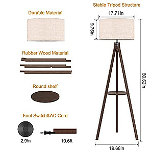 LEPOWER Tripod Floor Lamp, Mid Century Standing Lamp with Shelf, Modern Design Wood Floor Lamps for Living Room, Bedroom, Office, Flaxen Lamp Shade with E26 Lamp Base