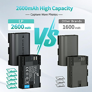 LP LP-E6, LP-E6N Battery 2-Pack, Rechargeable 2600mAh Large Capacity Replacement Batteries for Canon EOS 5D Mark II III IV, 5DS, 5DS R, 6D, 6D Mark II, 7D, 7D Mark II, 60D, 70D, 80D, 90D