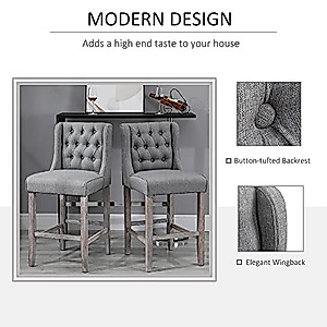 HOMCOM 26.25" Counter Height Bar Stools Set of 2, Tufted Wingback Armless Upholstered Dining Chair with Rubber Wood Legs, Grey