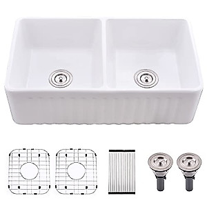 33 Inch Double Bowl Farmhouse Sink White -Bokaiya 33x18 Inch Fireclay Apron Front Double Bowl Kitchen Sink Porcelain Ceramic Reversible 50/50 Double Bowl Farm Sink