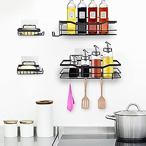 4-Pack Shower Caddy Shelf Organizer with Hooks & Soap Dish Holder, Adhesive Bathroom Shower Rack, No Drilling Rustproof Black Shower Basket for Inside Shower Wall, Kitchen Restroom Organizers Storage