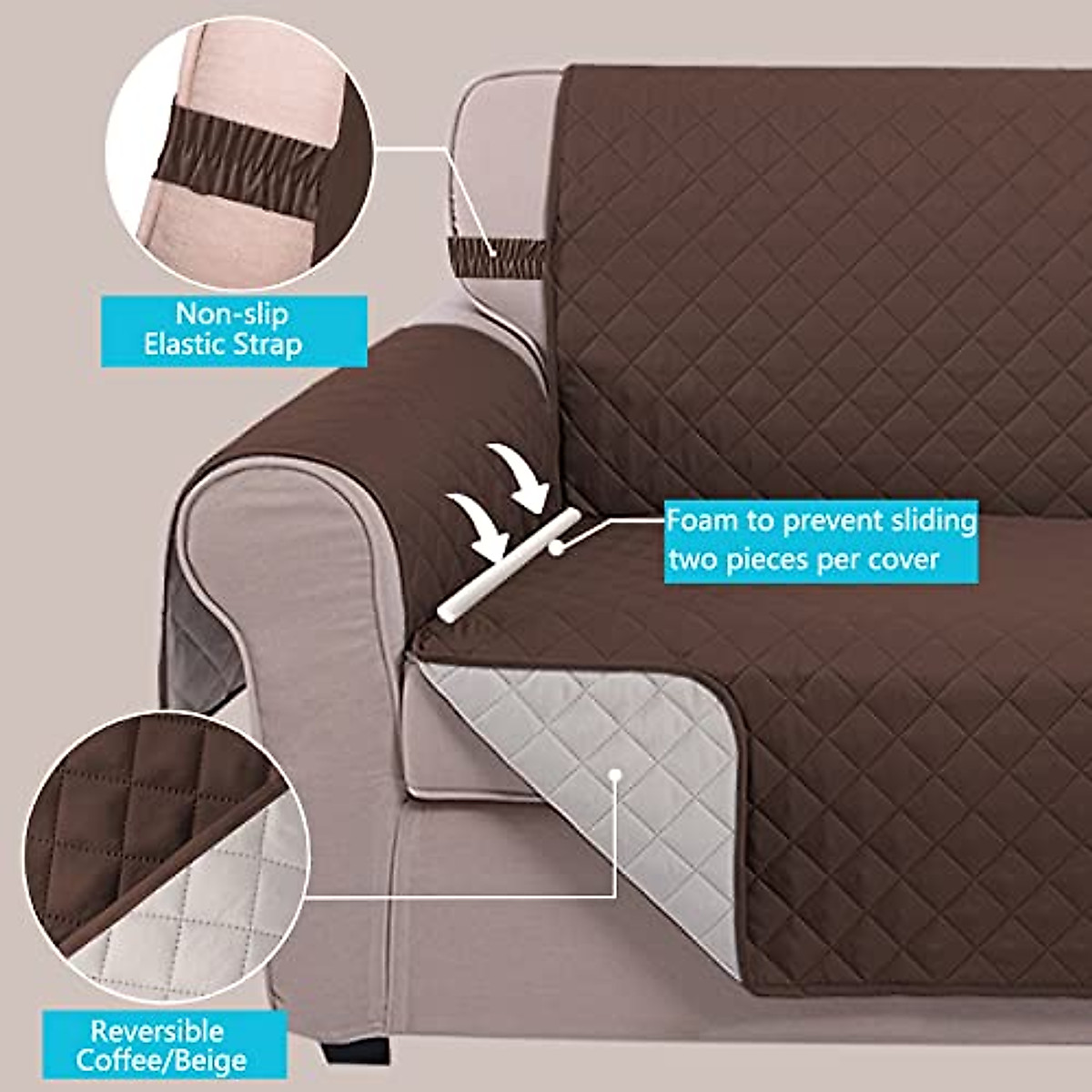 U-NICE HOME Loveseat Sofa Cover Reversible Couch Cover for Dogs with Elastic Straps Water Resistant Furniture Protector for Pets Couch Cover for 2 Cushion Couch (Loveseat, Coffee/Beige)