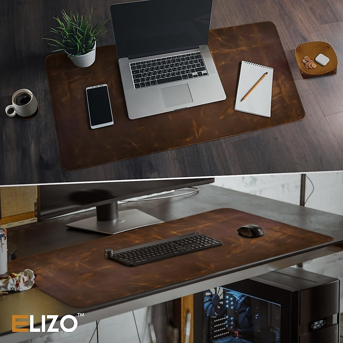 ELIZO Real Leather Desk Mat Set (32x16) Large Desk Cover Blotter Protector Computer Gaming Mouse Pad Table Laptop Office Desktop Accessories Antique 2mm