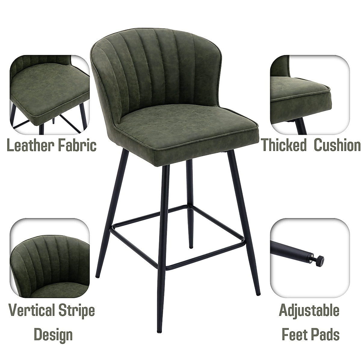 CIMOO Green Leather Bar Stools Set of 2 Mid Century Modern Counter Stools 26 Inch Counter Height Stool Chairs Upholstered Kitchen Island Chairs with Back, PU Faux Letaher