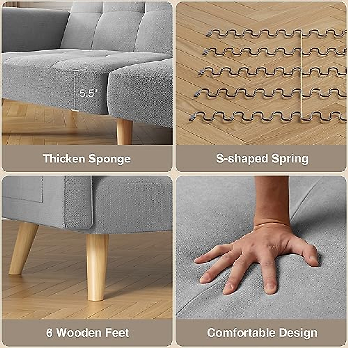 Gizoon 70.9" Sleeper Sofa Chair Bed, Futon Couch, Mid Century Modern Loveseat, Sectional Couches for Living Room, Bedroom, Apart, Office, 3-Level Adjustable Backrest, Light Gray