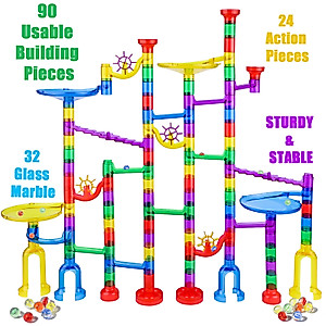 Gifts2U Marble Run Sets Kids, 122 PCS Marble Race Track Game 90 Translucent Marbulous Pieces + 32 Glass Marbles, STEM Marble Maze Building Blocks Kids 4+ Year Old